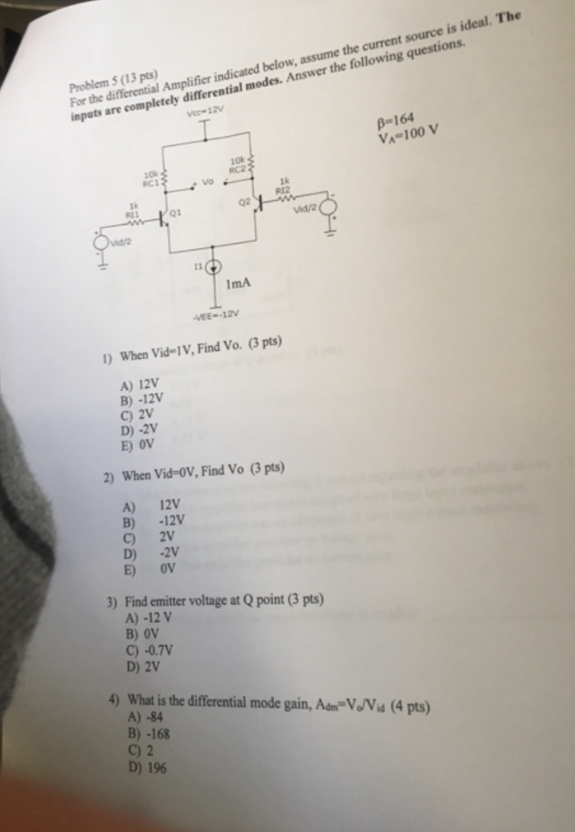 Solved Problem 5 (13 ﻿pts)For the differential Amplifier | Chegg.com