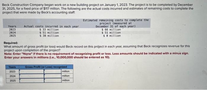 Solved Beck Construction Company began work on a new | Chegg.com