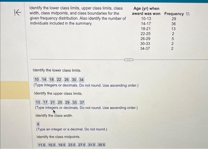 Solved Identify the lower class limits, upper class limits, | Chegg.com
