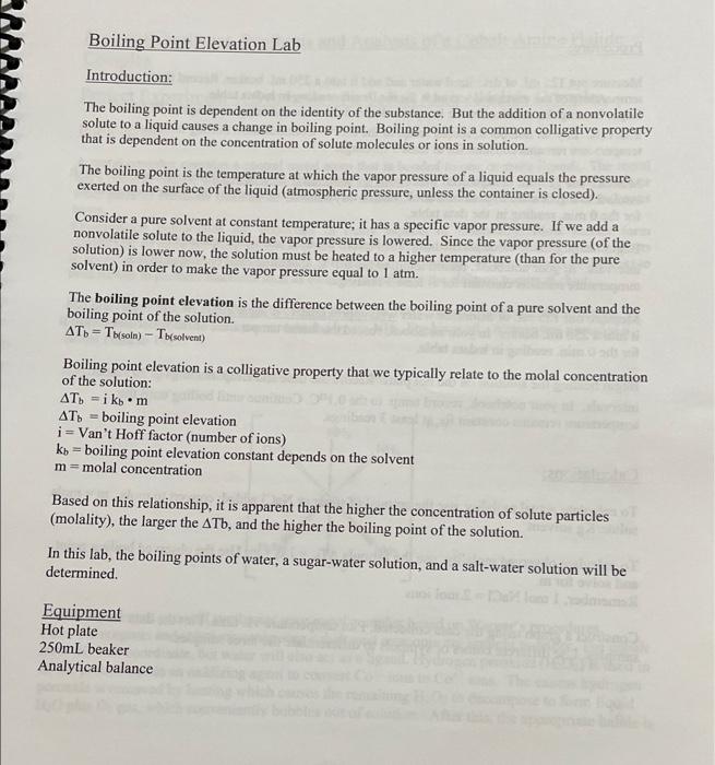 Solved Boiling Point Elevation Lab Introduction: The boiling | Chegg.com
