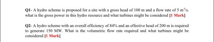 Solved Q1- A hydro scheme is proposed for a site with a | Chegg.com