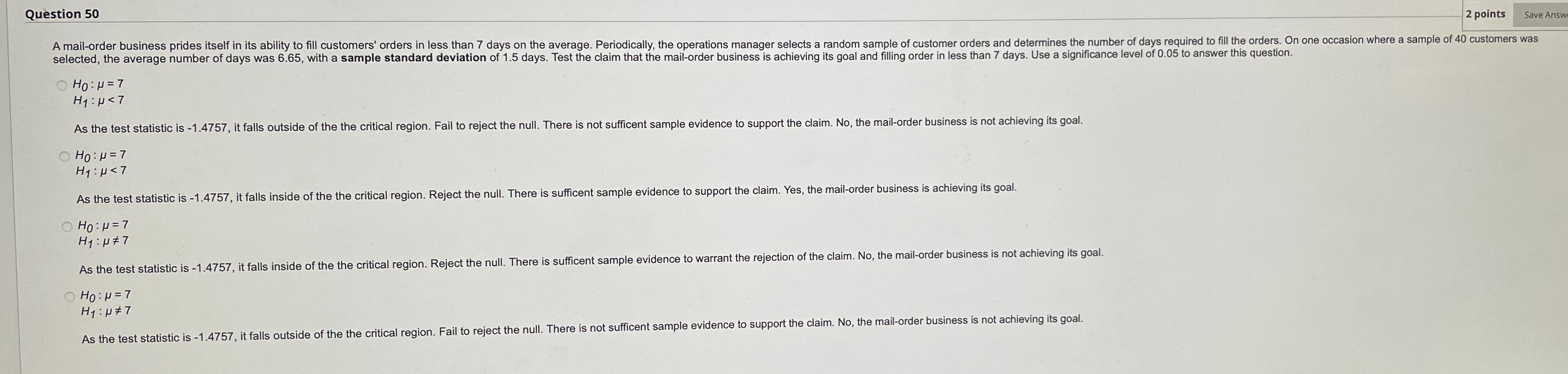 Solved Question 502 ﻿pointsH0:μ=7H1:μ