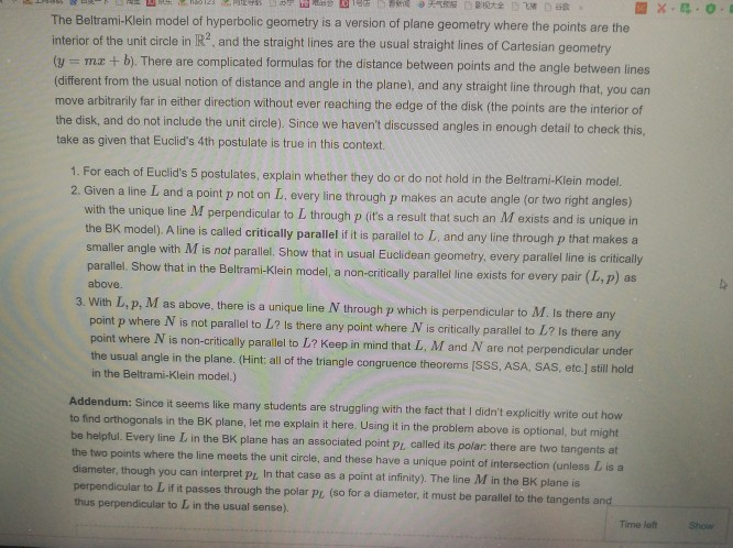 JU The Beltrami-Klein model of hyperbolic geometry is | Chegg.com