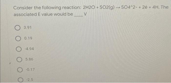 Solved Consider the following reaction: 2H2O + SO2(g) → | Chegg.com