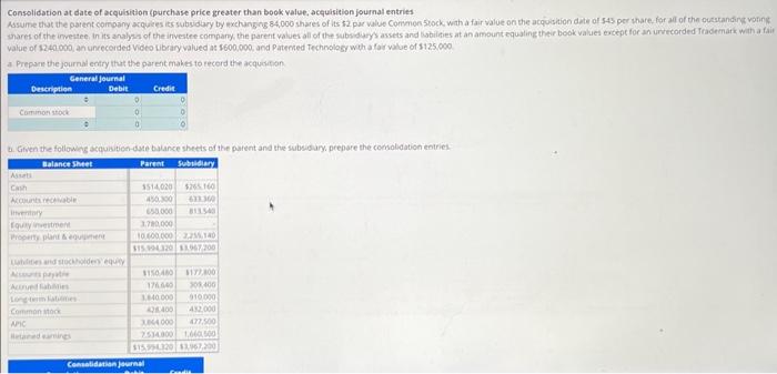 b. Given the following acquisition-date balance | Chegg.com