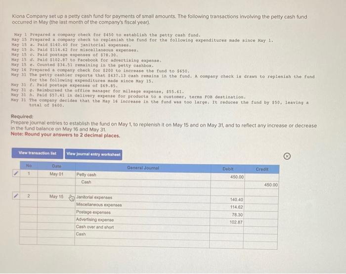 Solved Kiona Company set up a petty cash fund for payments | Chegg.com
