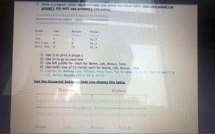 Solved 2. Write a program called StudentTable that prints | Chegg.com