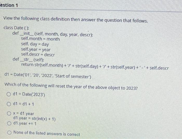 Solved View the following class definition then answer the | Chegg.com