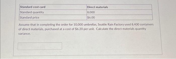 Solved Standard cost card Standard quantity Standard price | Chegg.com