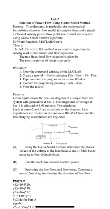 Lab 2 Solution of Power Flow Using Gauss-Seidel | Chegg.com