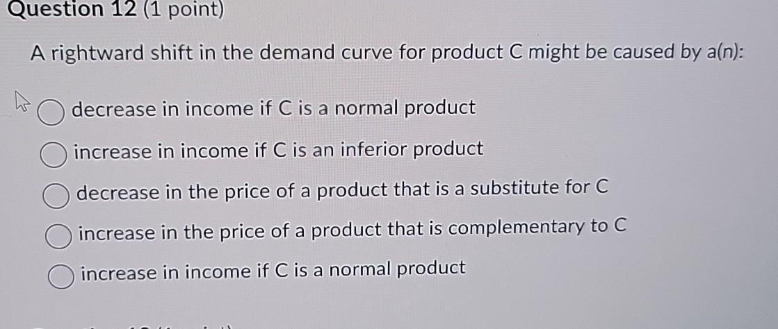 Solved Question 12 (1 ﻿point)A rightward shift in the demand | Chegg.com