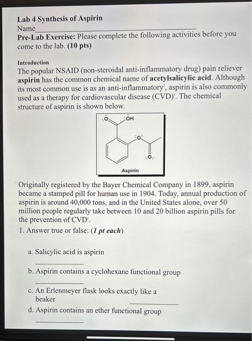 Solved Lab 4 Synthesis of Aspirin Name Pre-Lab Exercise: | Chegg.com