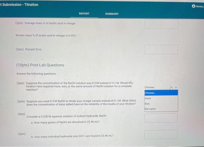 Solved ubmission - Titration REPORT SUMMARY Data Entry Table | Chegg.com