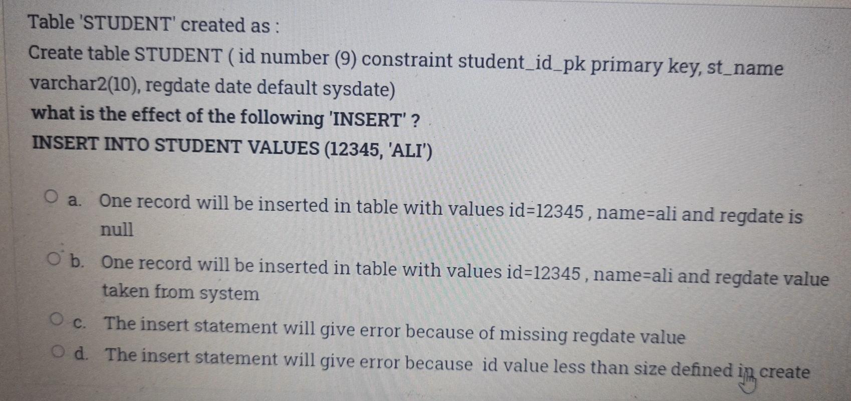 Solved Table 'STUDENT' created as: Create table STUDENT (id | Chegg.com