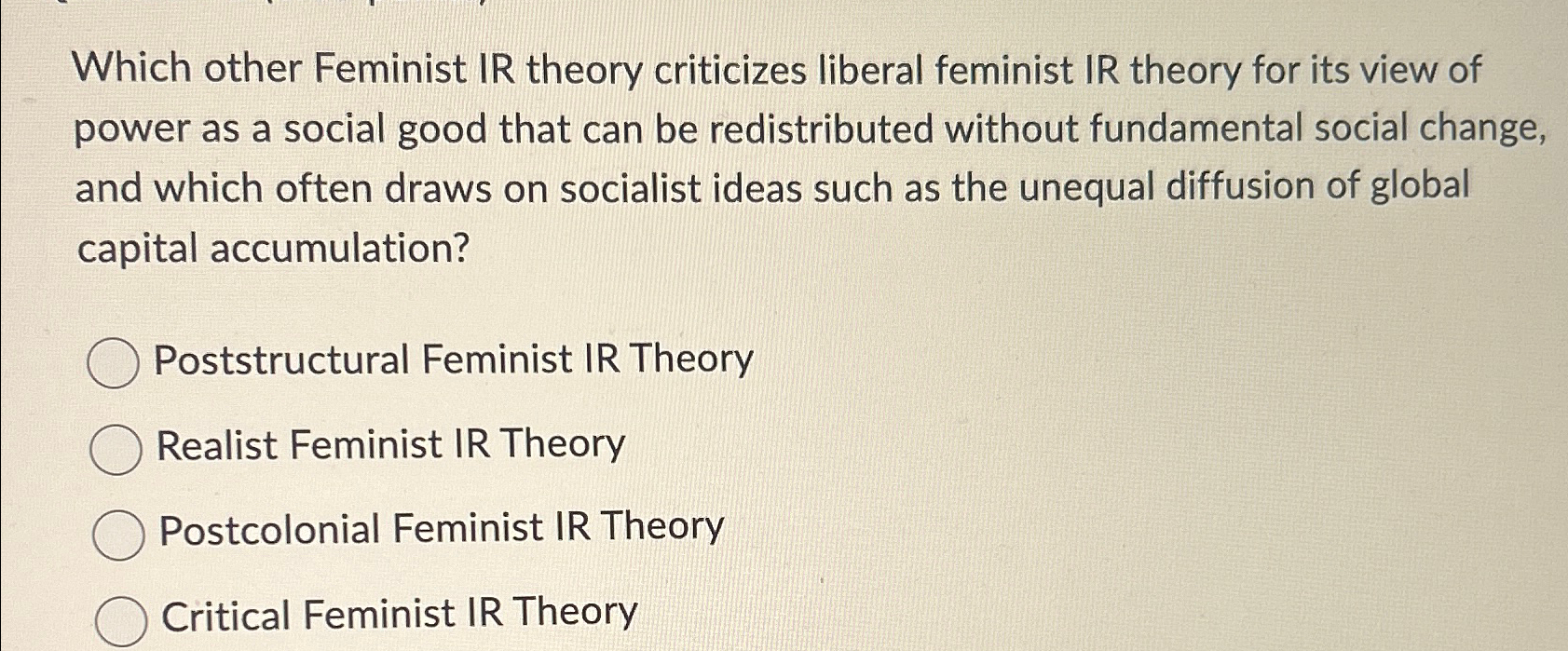 Solved Which Other Feminist Ir Theory Criticizes Liberal