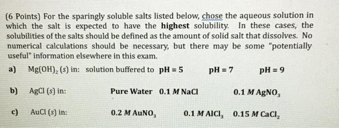 Solved (6 Points) For the sparingly soluble salts listed | Chegg.com