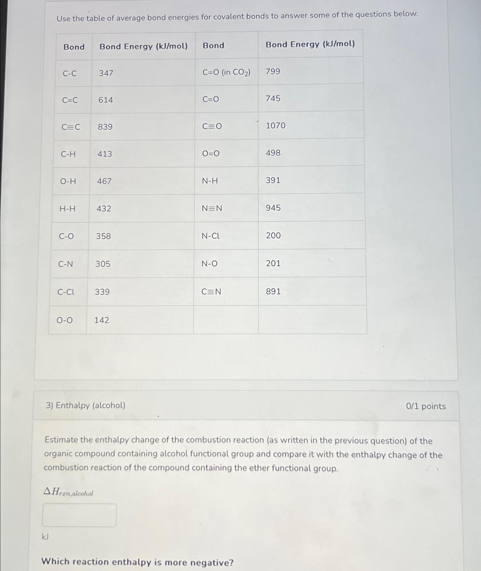 Use the table of average bond energies for covalent | Chegg.com