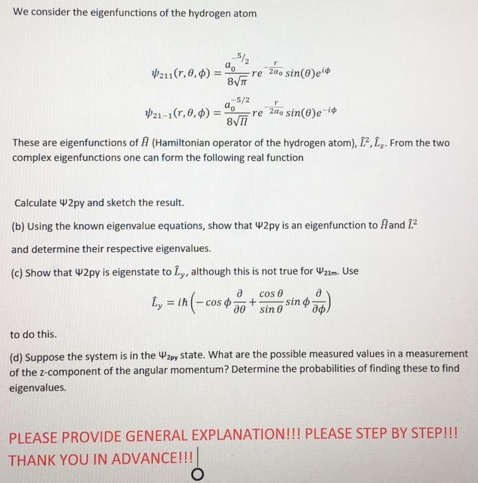 Solved We consider the eigenfunctions of the hydrogen atom | Chegg.com