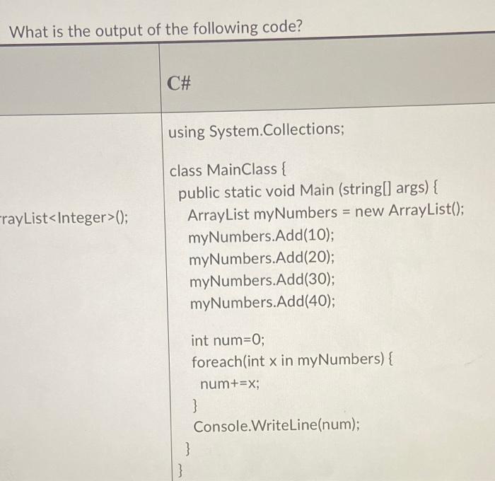 Solved What is the output of the following code? | Chegg.com