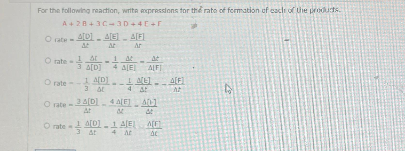 Solved For the following reaction, write expressions for the | Chegg.com