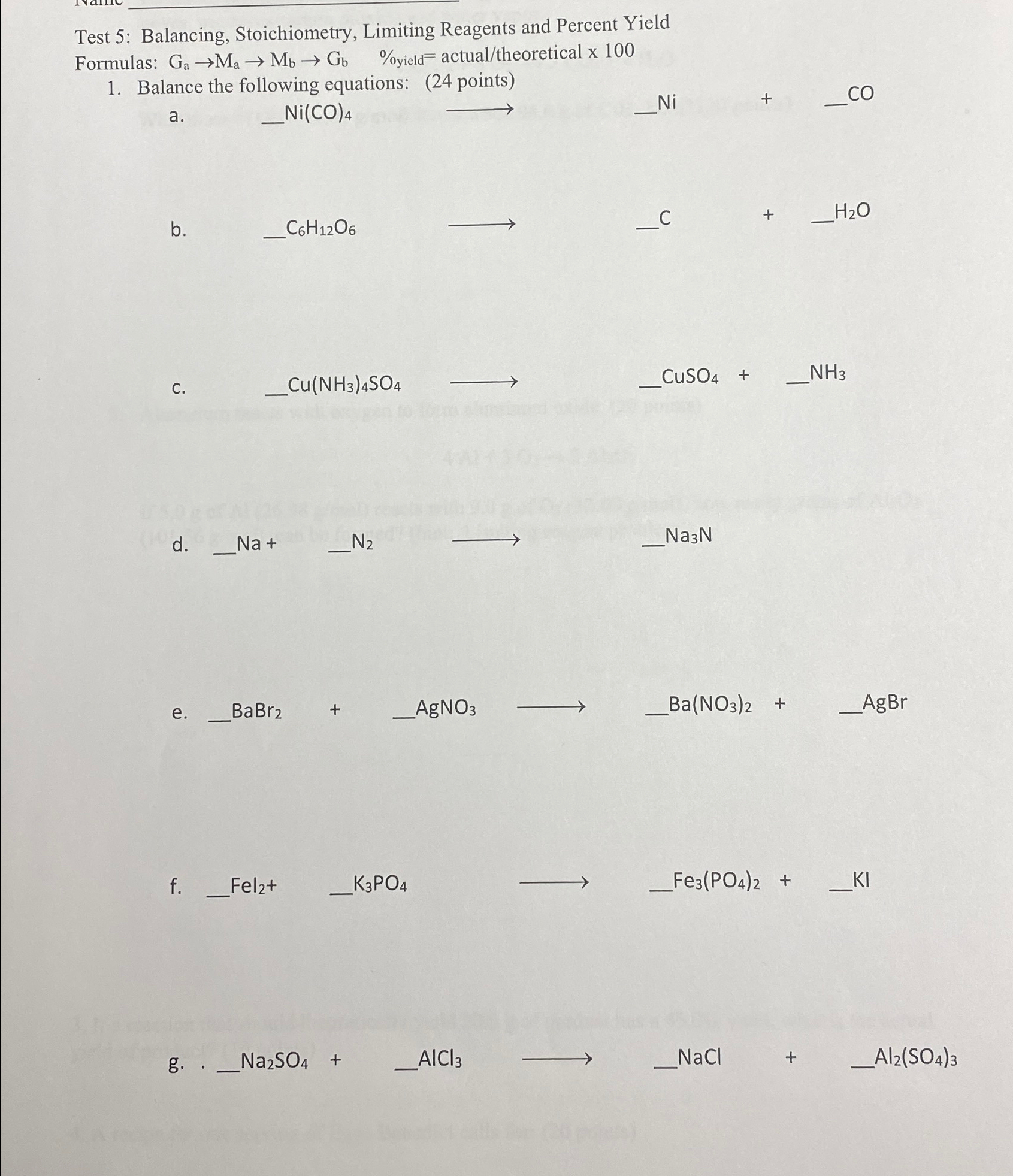 Solved Test 5: Balancing, Stoichiometry, Limiting Reagents | Chegg.com