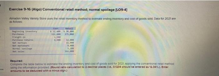 Solved Exercise 9-16 (Algo) Conventional retail method; | Chegg.com Solved Exercise 9-16 (Algo) Conventional retail method; | Chegg.com
