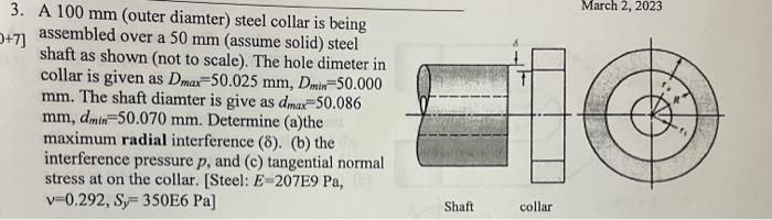 Solved 3. A 100 mm (outer diamter) steel collar is being | Chegg.com