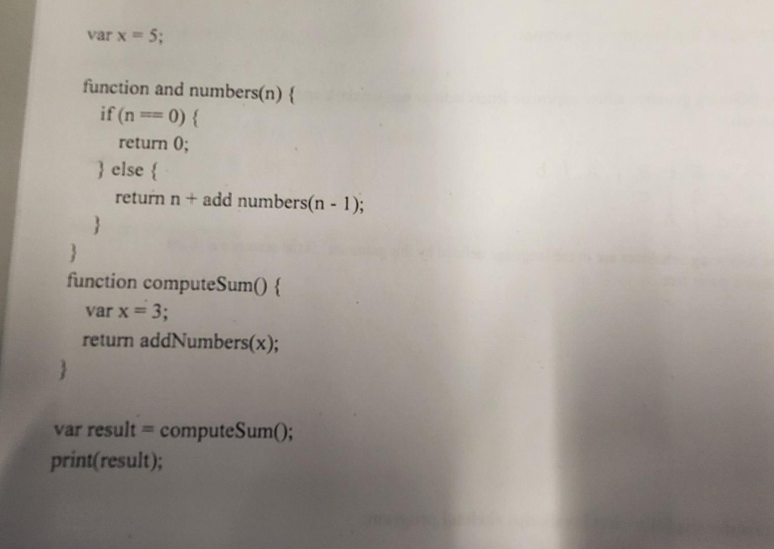 Solved varx=5; function and numbers(n) \{ if (n=0) \{ return | Chegg.com
