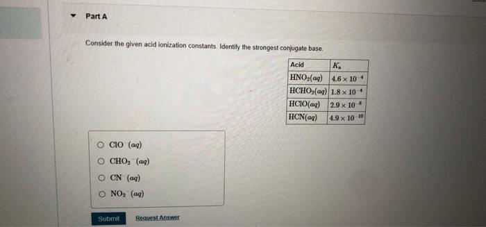 Solved Part A Consider the given acid ionization constants | Chegg.com