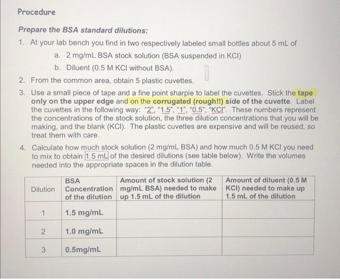 Solved Prepare the BSA standard dilutions: 1. At your lab | Chegg.com