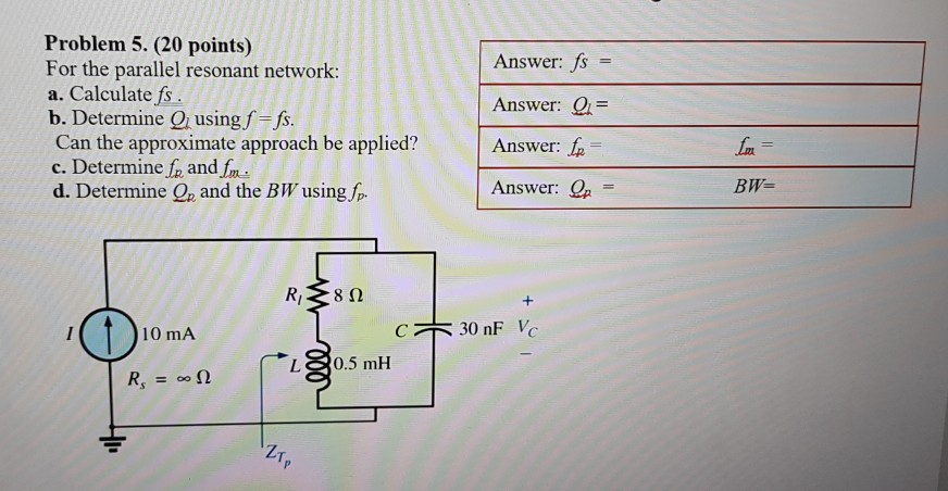 Solved Problem 5. (20 points) For the parallel resonant | Chegg.com