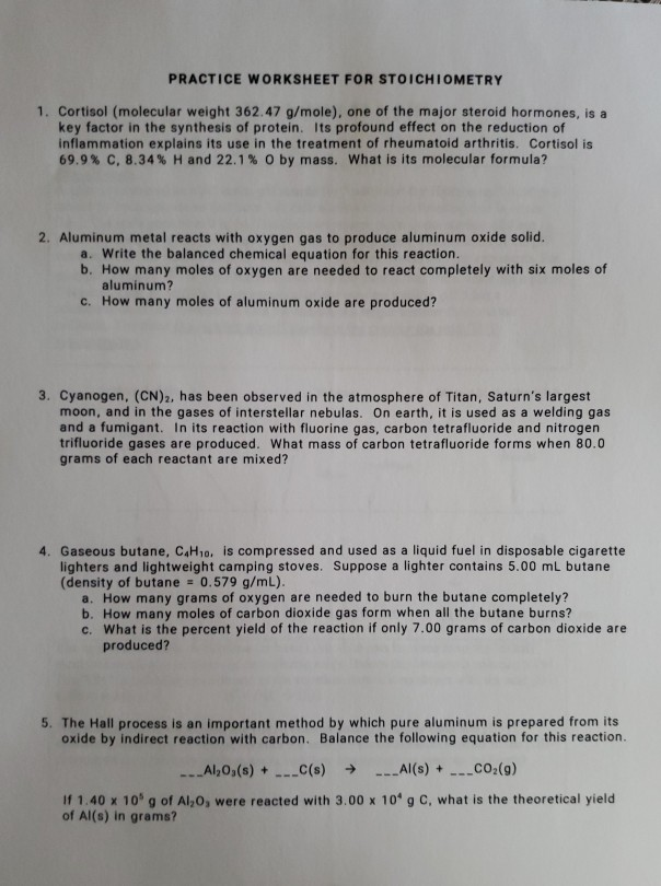 Solved PRACTICE WORKSHEET FOR STOICHIOMETRY 1. Cortisol | Chegg.com