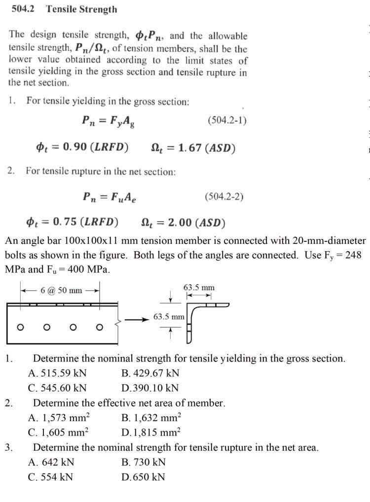 Solved 504.2 Tensile Strength The design tensile strength, | Chegg.com