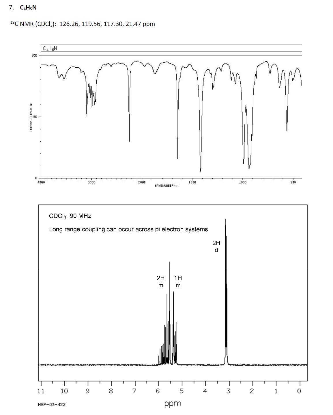 Solved C4H5N?13CNMR(CDCl3):126.26,119.56,117.30,21.47ppm. | Chegg.com