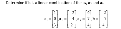 Determine if b ﻿is a linear combination of the a1,a2 | Chegg.com
