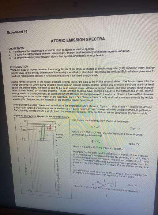 Experiment 19 ATOMIC EMISSION SPECTRA OBJECTIVES 1. | Chegg.com