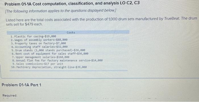 Solved Problem 01-1A Cost computation, classification, and | Chegg.com