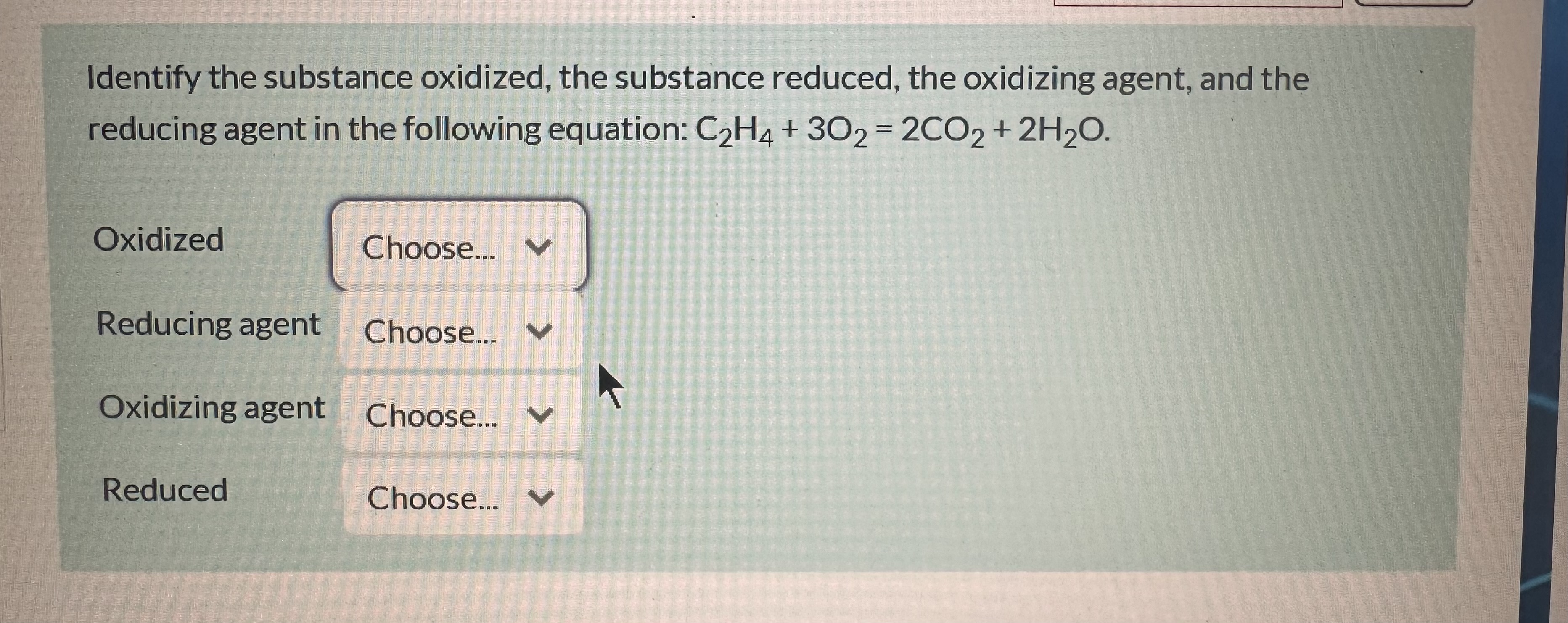 Solved Identify the substance oxidized, the substance | Chegg.com
