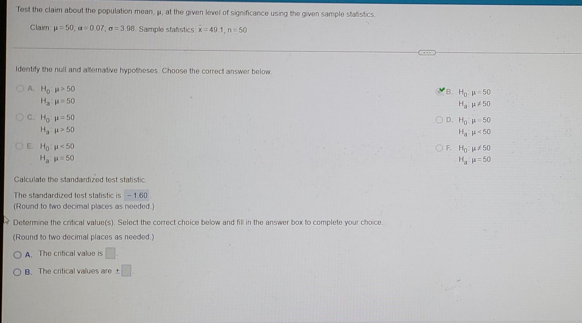 Solved Test the claim about the population mean, p, at the | Chegg.com