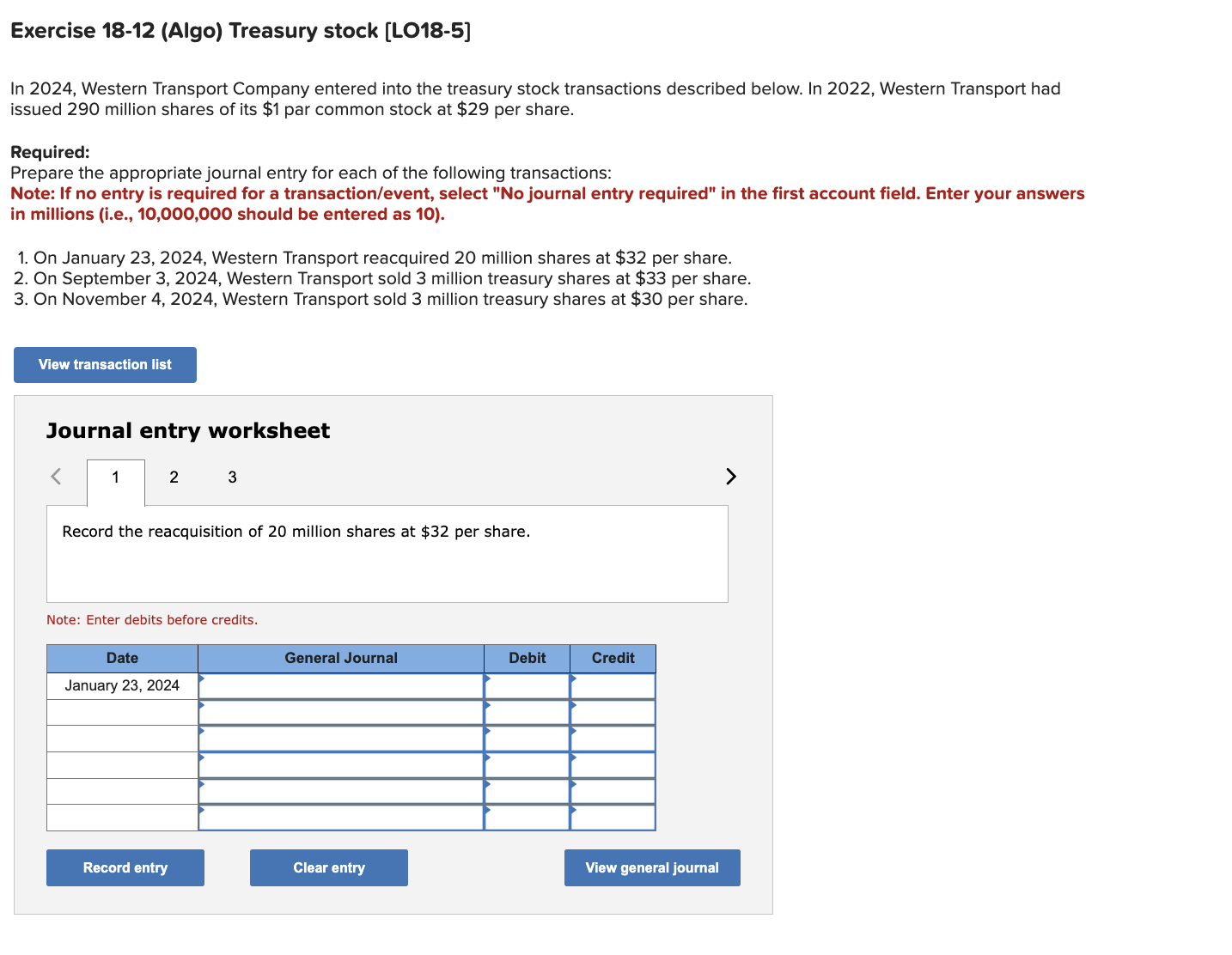 Solved Exercise 18-12 (Algo) ﻿Treasury stock [LO18-5]In | Chegg.com