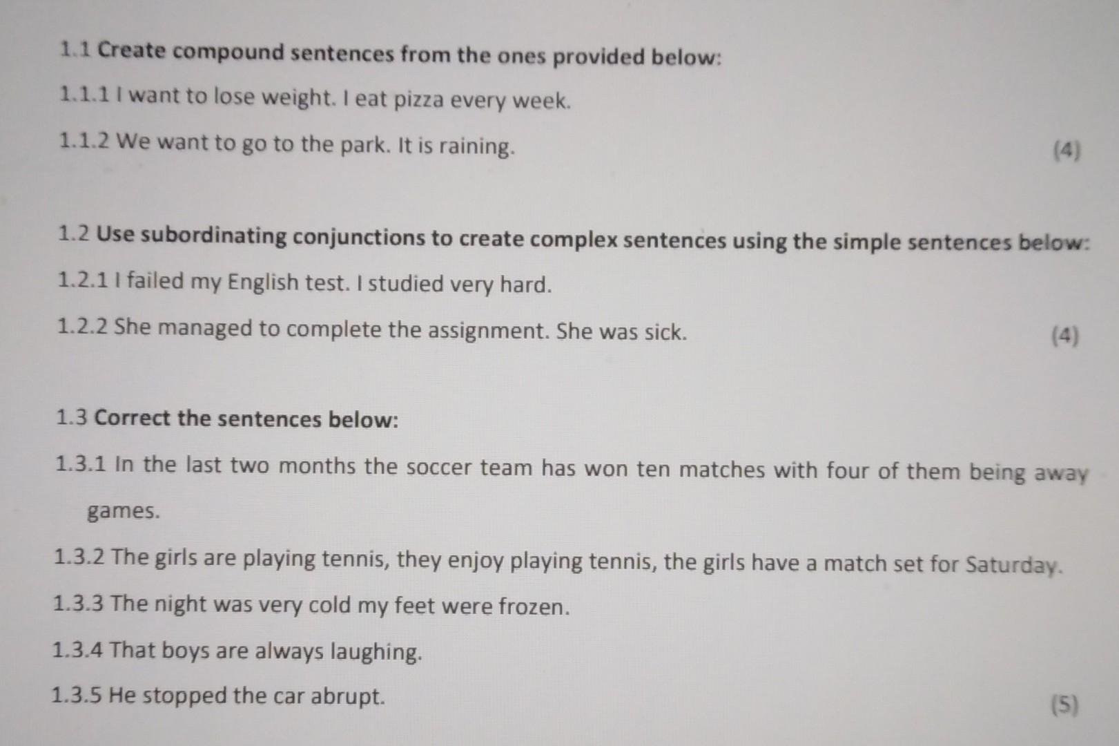 Solved 1.1 Create compound sentences from the ones provided | Chegg.com