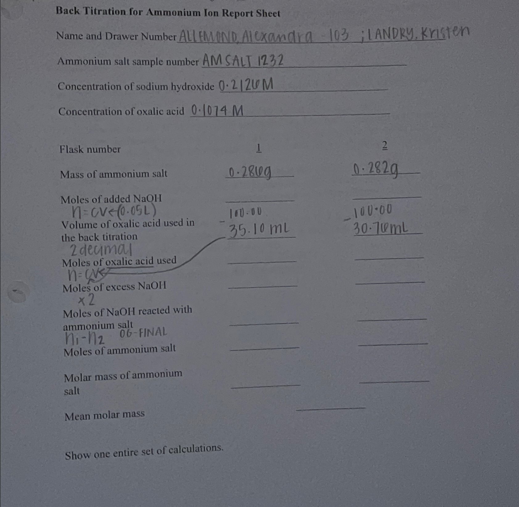 Solved Back Titration for Ammonium Ion Report SheetName and | Chegg.com