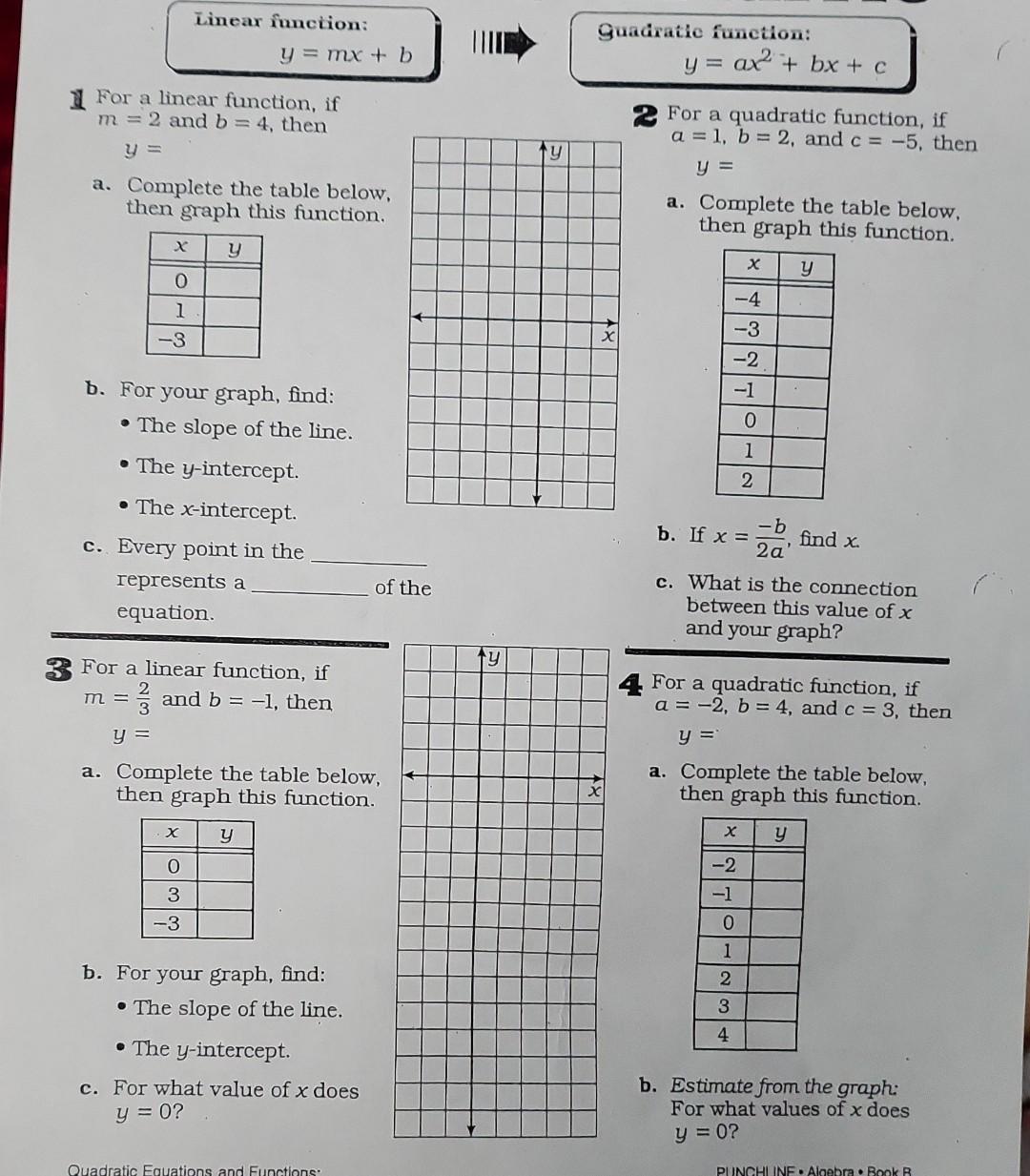Solved Lineax function: y=mx+b Guadratio function: | Chegg.com