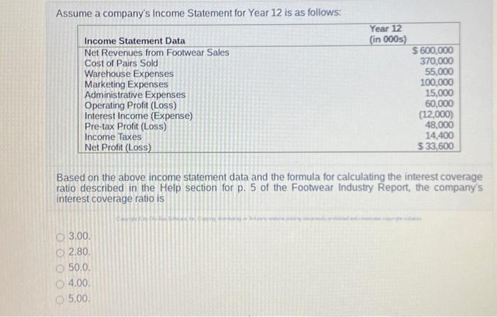 Solved Assume a company's Income Statement for Year 12 is as | Chegg.com