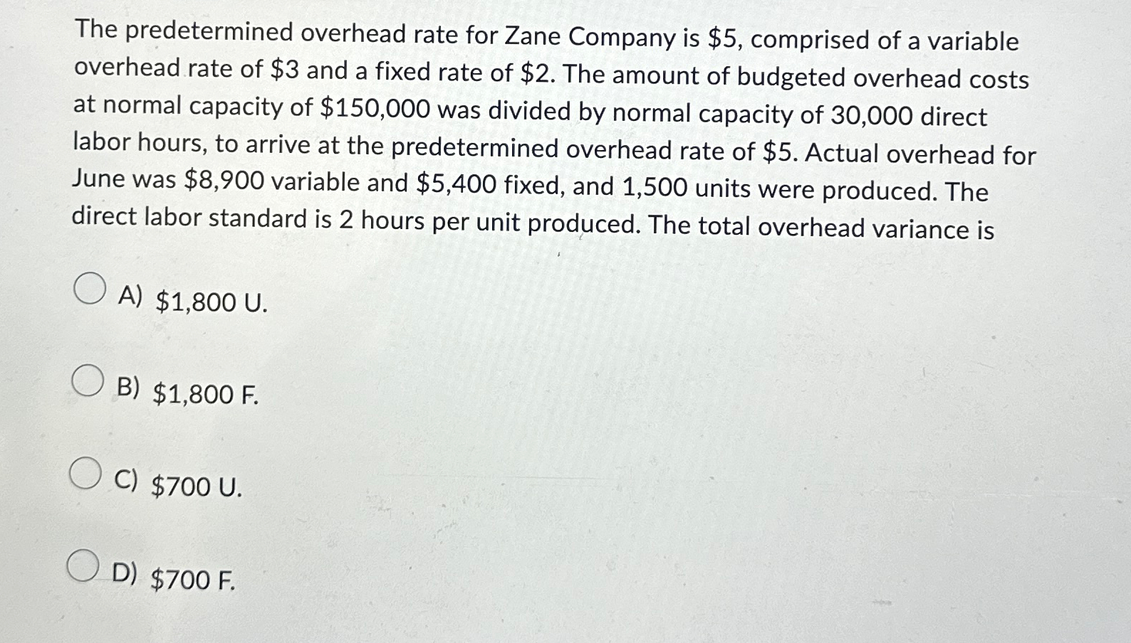 Solved The predetermined overhead rate for Zane Company is | Chegg.com
