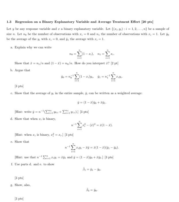 Solved 1.3 Regression on a Binary Explanatory Variable and | Chegg.com