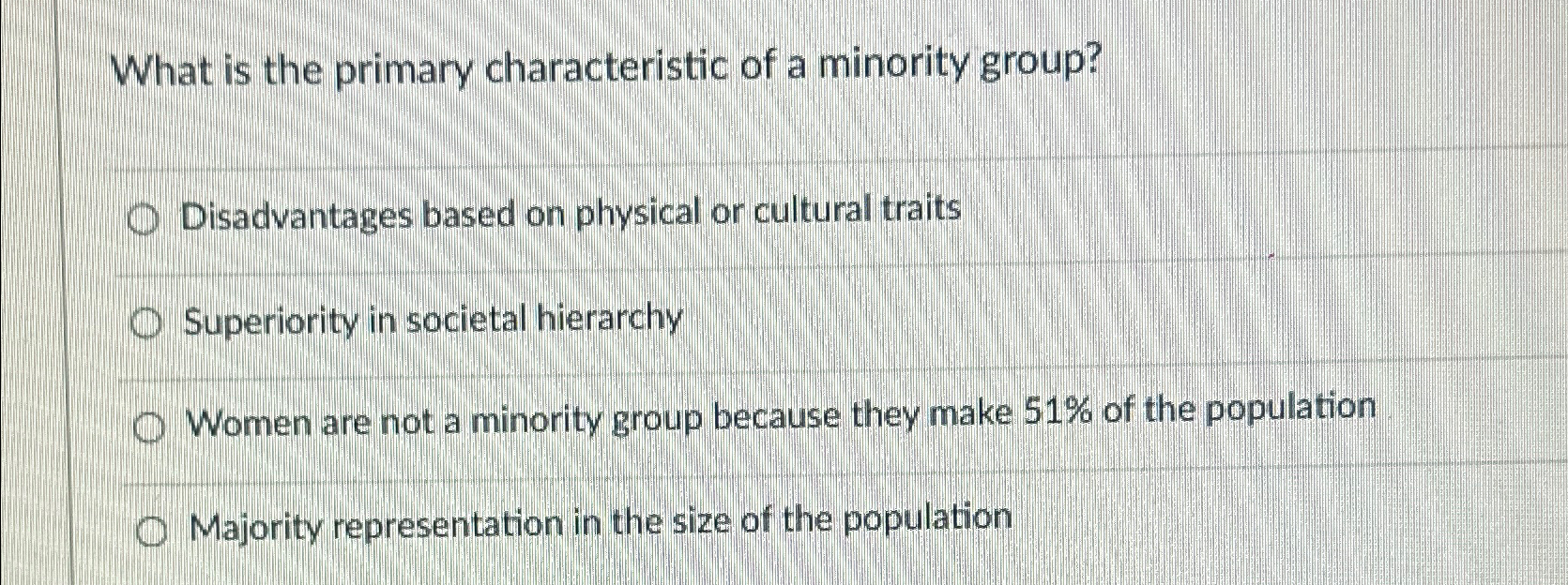 Solved What is the primary characteristic of a minority | Chegg.com