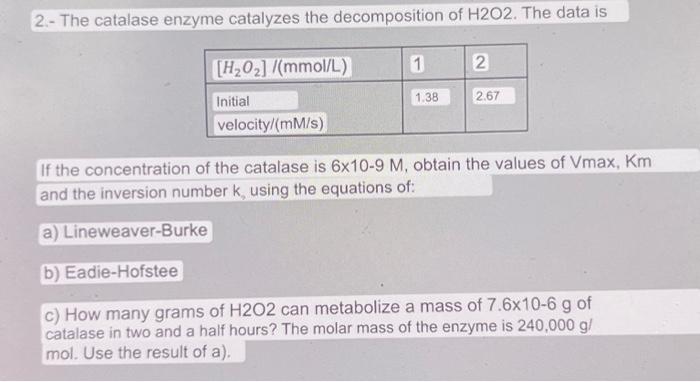 Solved 2.- The catalase enzyme catalyzes the decomposition | Chegg.com