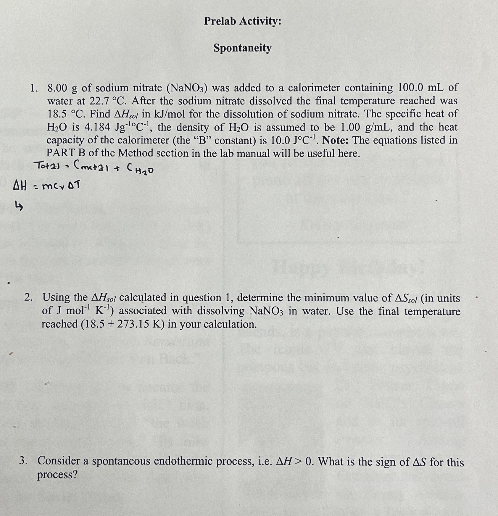 Solved Prelab Activity:Spontaneity8.00g ﻿of sodium nitrate | Chegg.com