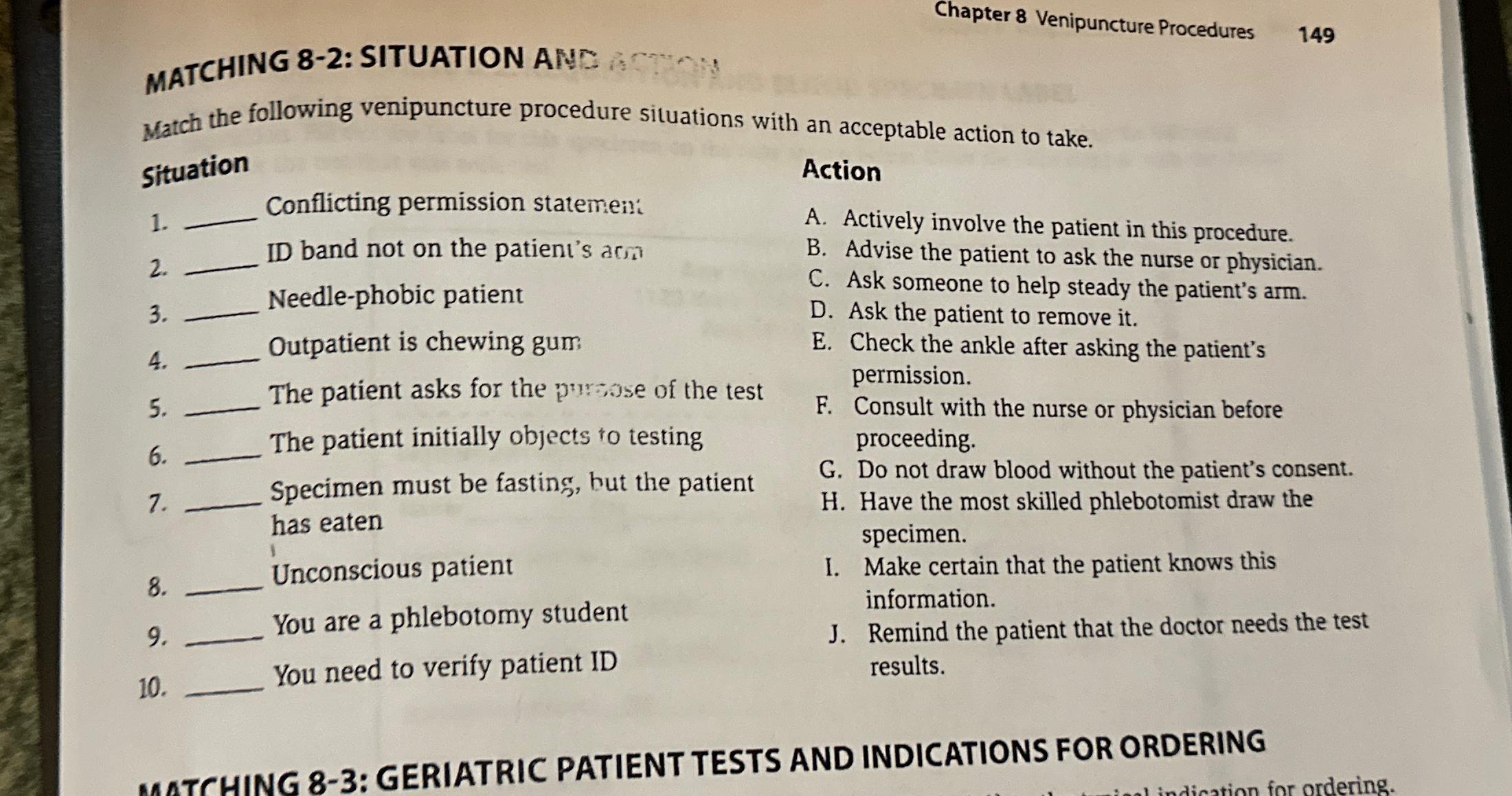 Solved Chapter 8 ﻿Venipuncture Procedures149MATCHING 8-2: | Chegg.com